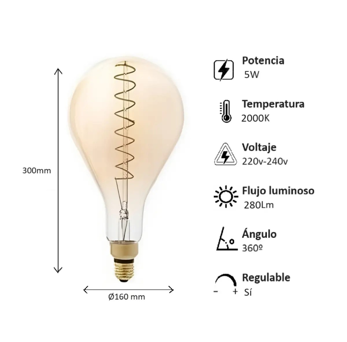 Bombilla Filamento LED Gran Tamaño Estándar E27 Regulable Luz Cálida