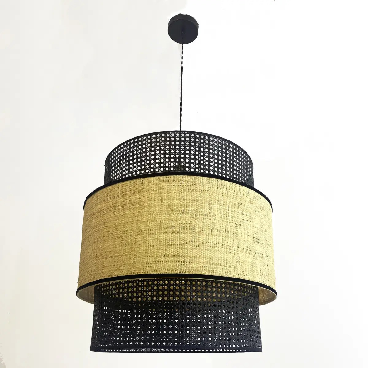 Rustic lamp with natural raffia lampshade and black grille