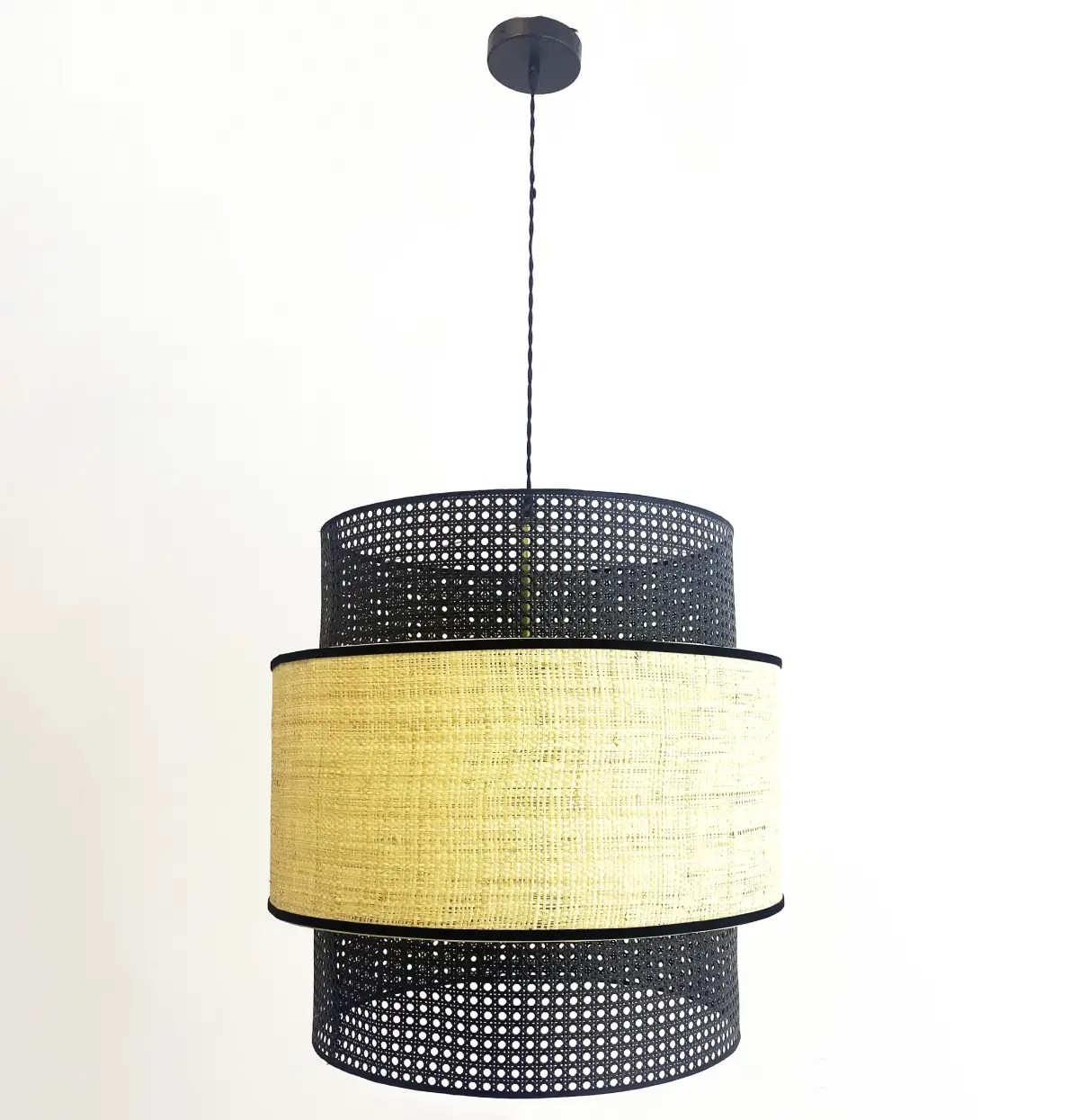 Rustic lamp with natural raffia lampshade and black grille
