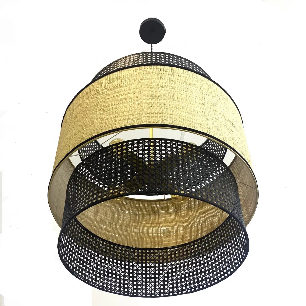 Rustic lamp with natural raffia lampshade and black grille